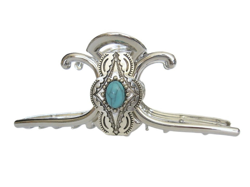 Extra large silver turquoise blue stone metal native tribal hair claw ...