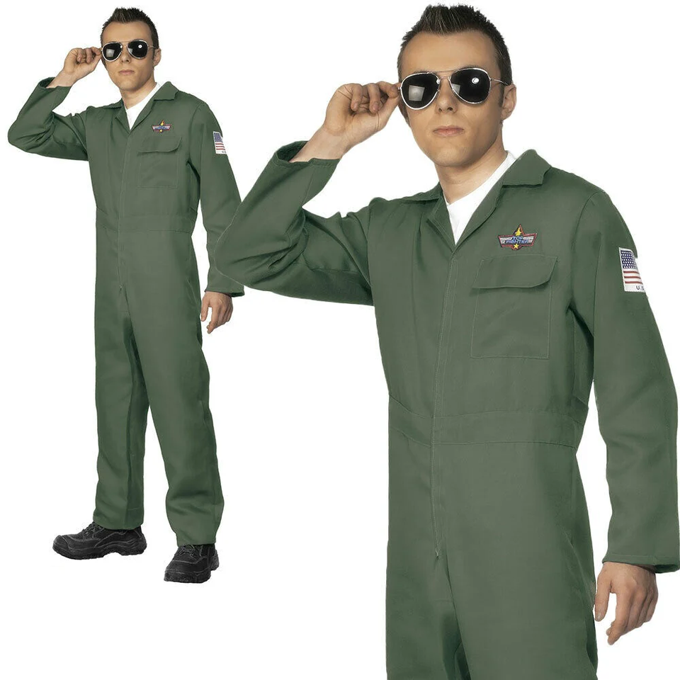 Adults Aviator Costume Pilot Flight Uniform 80s Fancy Dress Outfit Mens ...
