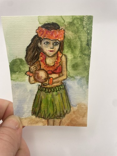 ACEO Art Card Water Color And Pencil Art Card Hula Girl -moomsalon | eBay