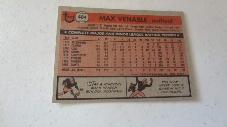1981 TOPPS # 484 MAX VENABLE BASEBALL CARD | eBay