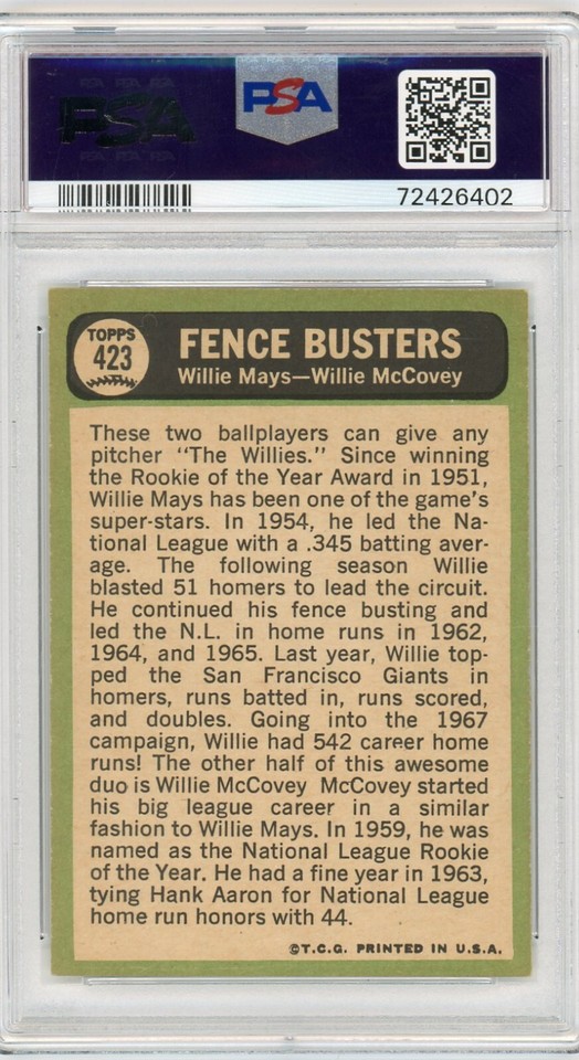 1967 Topps #423 Fence Busters Willie Mays Willie Mccovey PSA 8 Giants ...