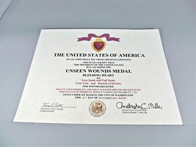 Unseen Wounds Medal "Bleeding Heart" Certificate VA Disability Rating ...