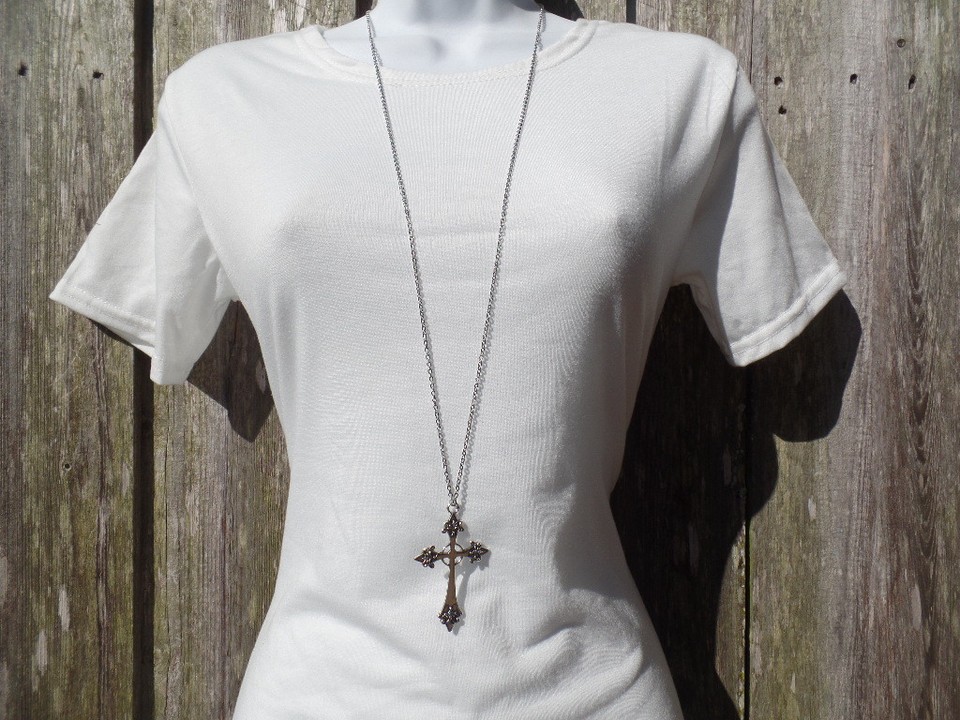 Plain Silver Cross Necklace Long Pendant Fashion Women's Ladies Chain ...