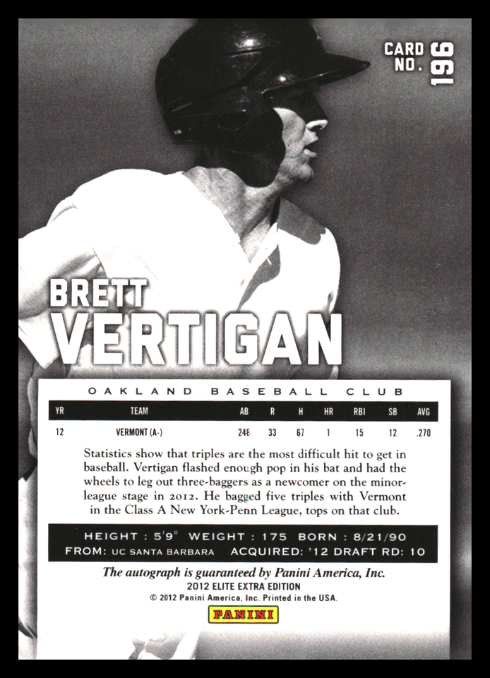 2012 Panini Elite Extra Edition #196 Brett Vertigan Athletics Auto /554 ...