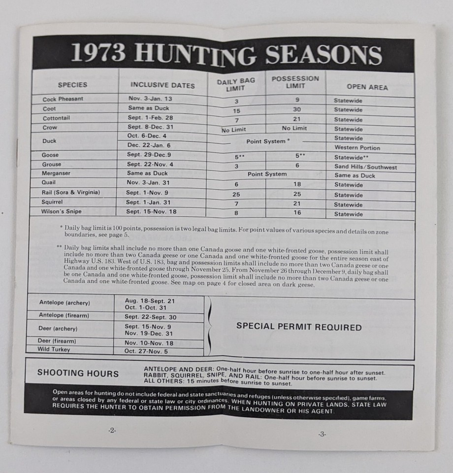 1973 Nebraska Hunting Guide Seasons VTG Pamphlet Regulations Waterfowl ...