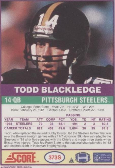 1989 Score Supplemental Todd Blackledge #373S for sale | eBay