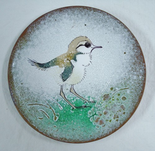Signed Norman Brumm 5" Enamel on Copper Plate Young Sandpiper Shore ...