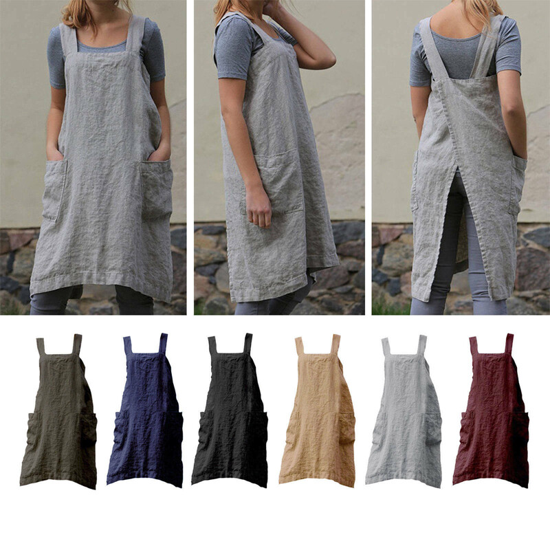 Women Cotton Linen Cross Back Apron Dress Ladies Loose Home Cooking ...