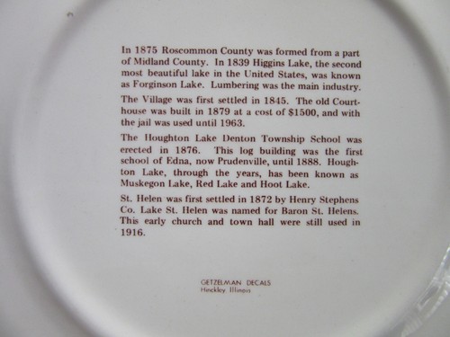 Centennial ceramic plate Roscommon County Michigan 1875-1975 4 scenes ...