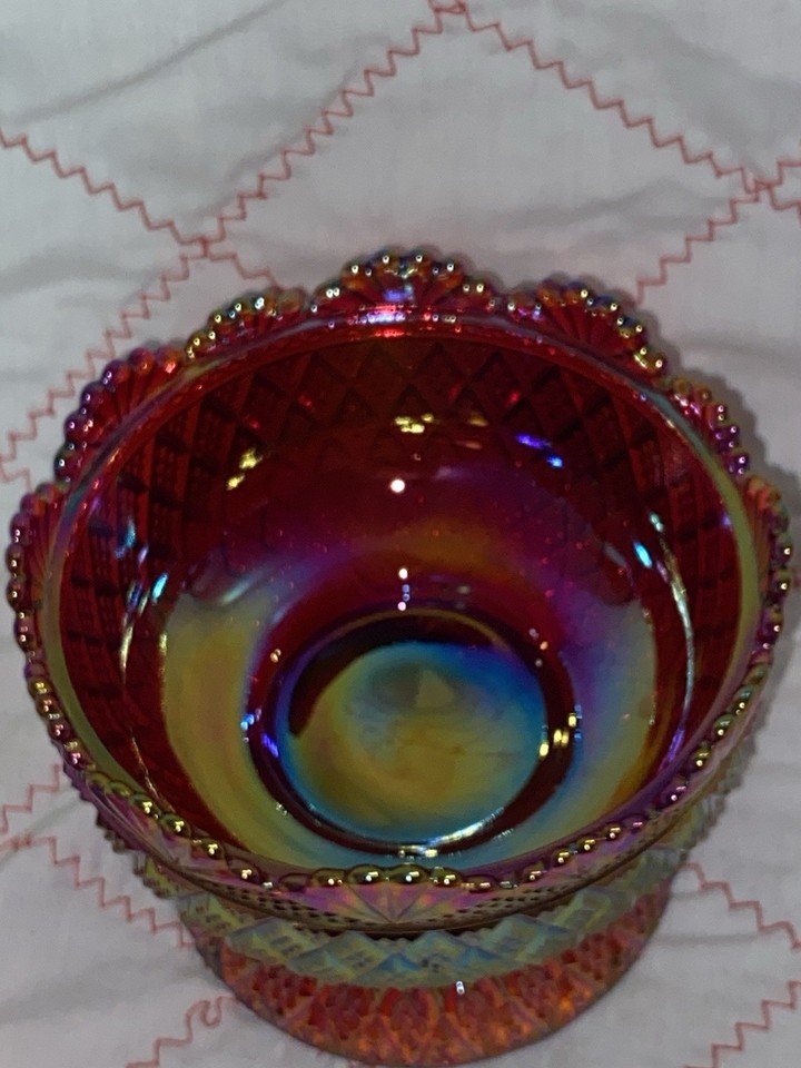 Vtg Fenton Red Carnival Pagoda Covered Candy Dish 6.75” Marked Fenton ...