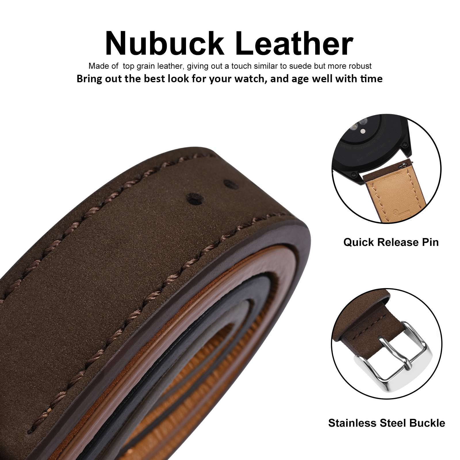 WOCCI Nubuck Top Grain Leather Watch Band Strap 18mm 20mm 22mm Black ...