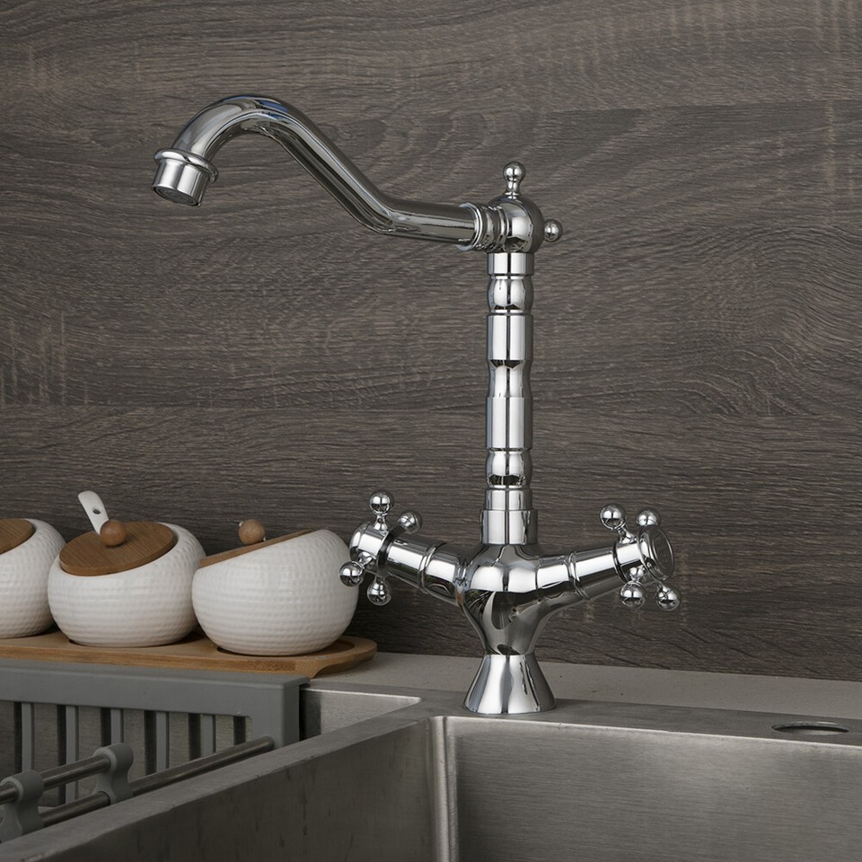 Silver Chrome Kitchen Sink Faucet 360°Swivel 2 Handles 1 Hole Mixer ...
