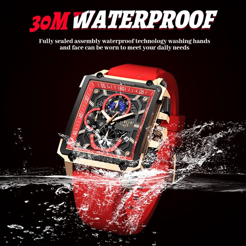 LIGE Men Watch Rectangle Sport Quartz Wristwatch Red Rubber Strap Males ...