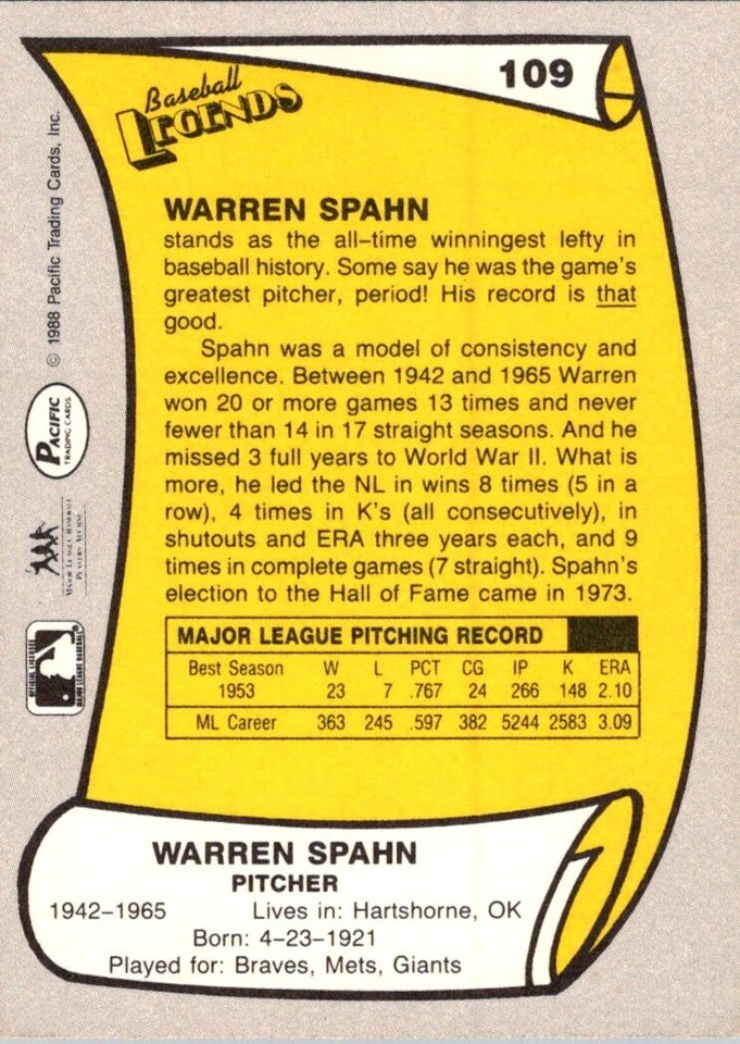 Warren Spahn Pitcher Baseball Legends Atlanta Braves Card Number 109 | eBay