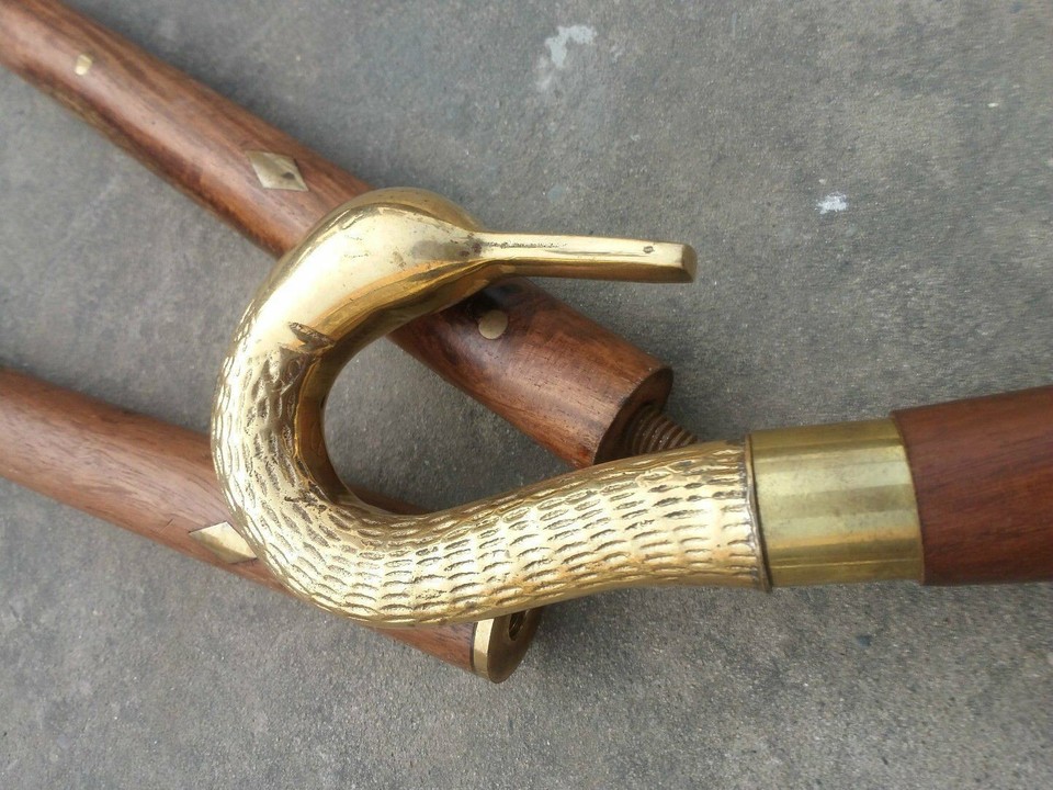 BRASS ANTIQUE VINTAGE SWAN FACE DESIGN HANDLE 3 FOLD WOODEN WALKING ...
