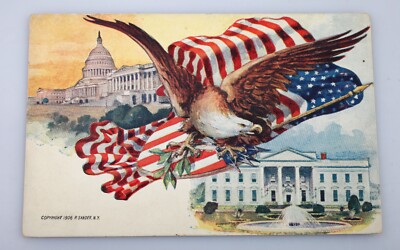 Vintage Postcard Patriotic American Flag Eagle White House Capitol 1908 ...