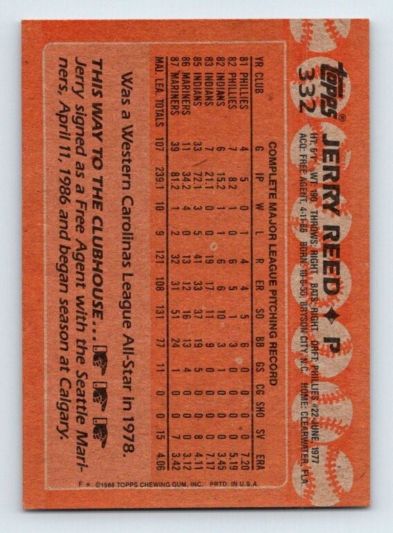 JERRY REED Seattle Mariners 1988 Topps Baseball Card B217 | eBay