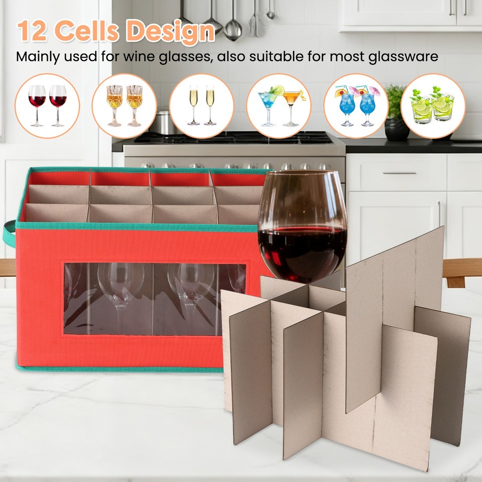 3PCS 12-Cell Glassware Storage Container w/ Lid, Portable Stemware ...