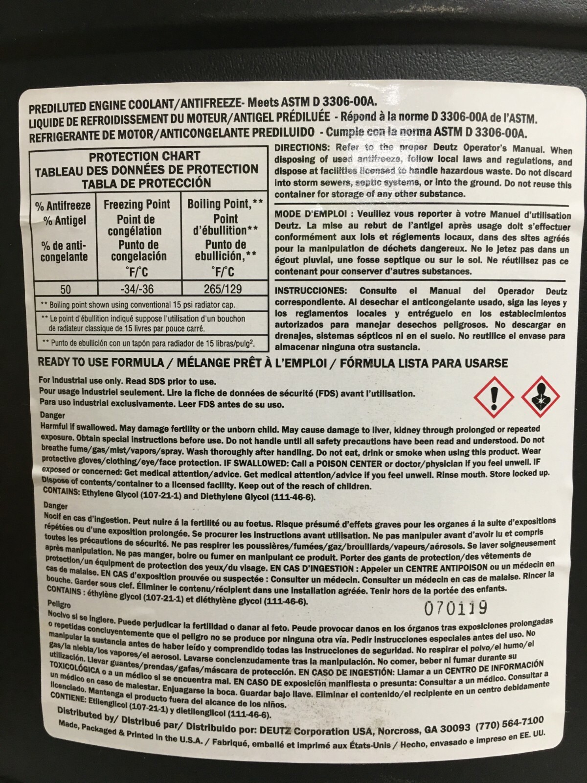 DEUTZ Coolant Antifreeze (blue) Cooling System Protection Agent Oat ...
