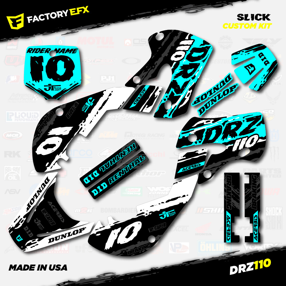 White & Cyan Slick Racing Graphics Kit fits Suzuki DRZ110 All years ...