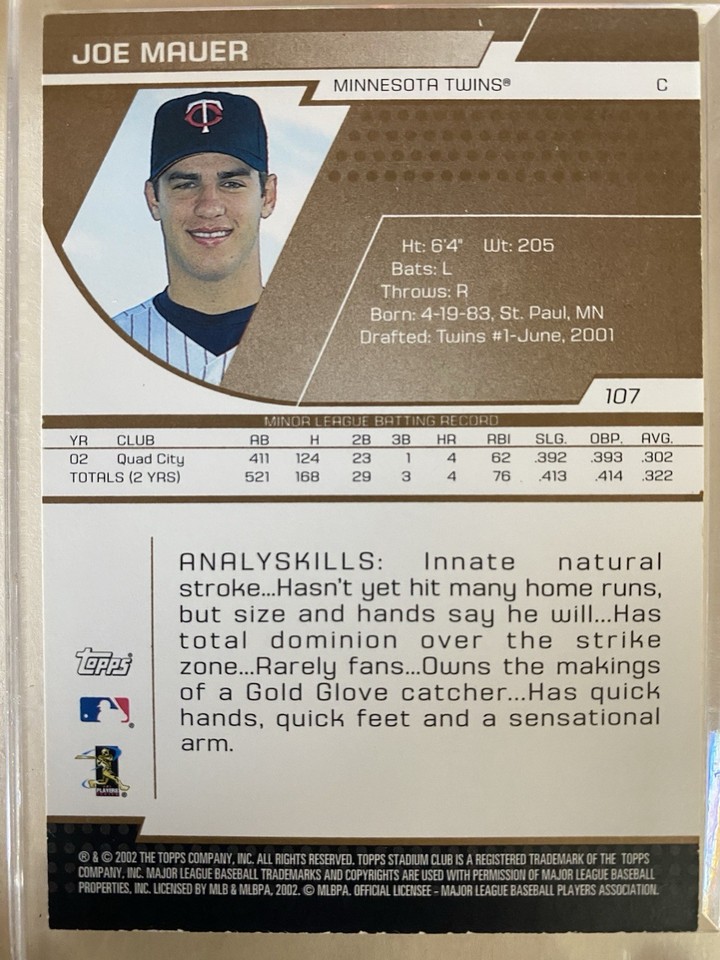 2003 Topps Stadium Club - JOE MAUER - Rookie Card #107 Gold - MINNESOTA ...