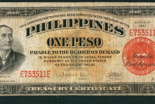 1 Peso 1941 Philippines Treasury Certificate * PAPER CURRENCY AUCTIONS ...