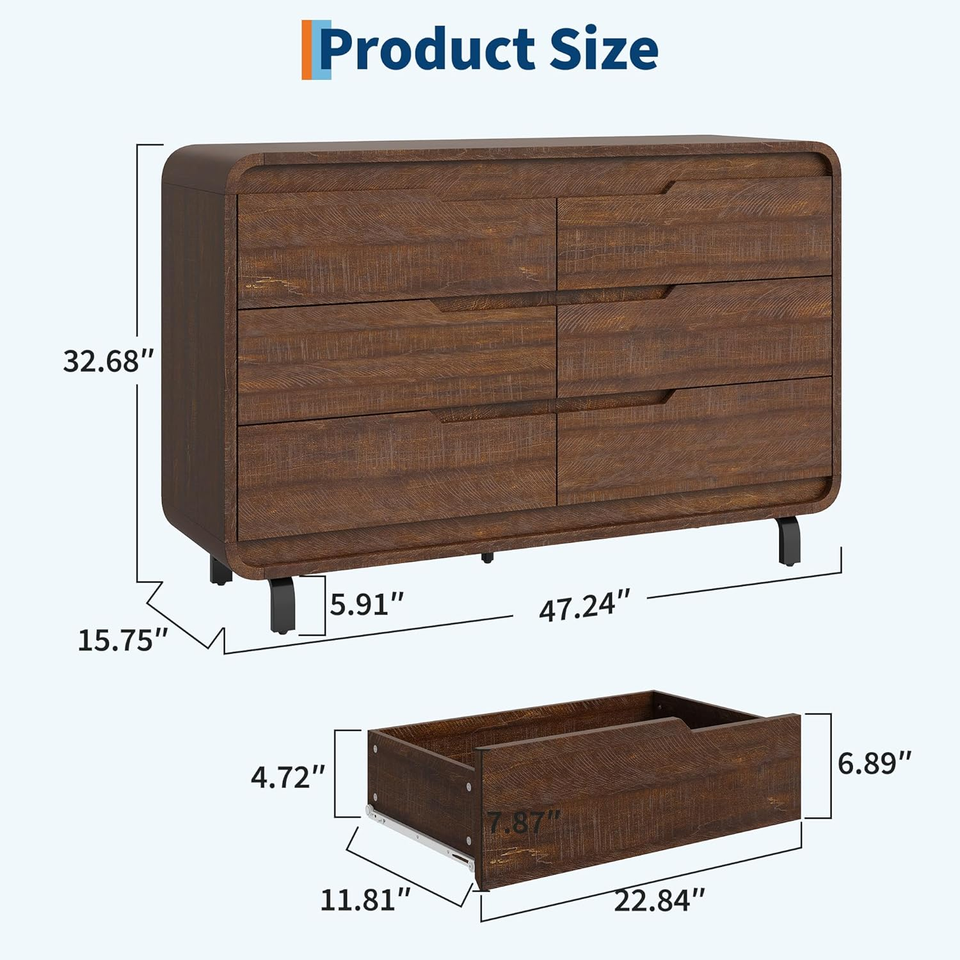Sleek 6-Drawer Dresser - 47" Wide Wood Storage for Bedroom & Living ...