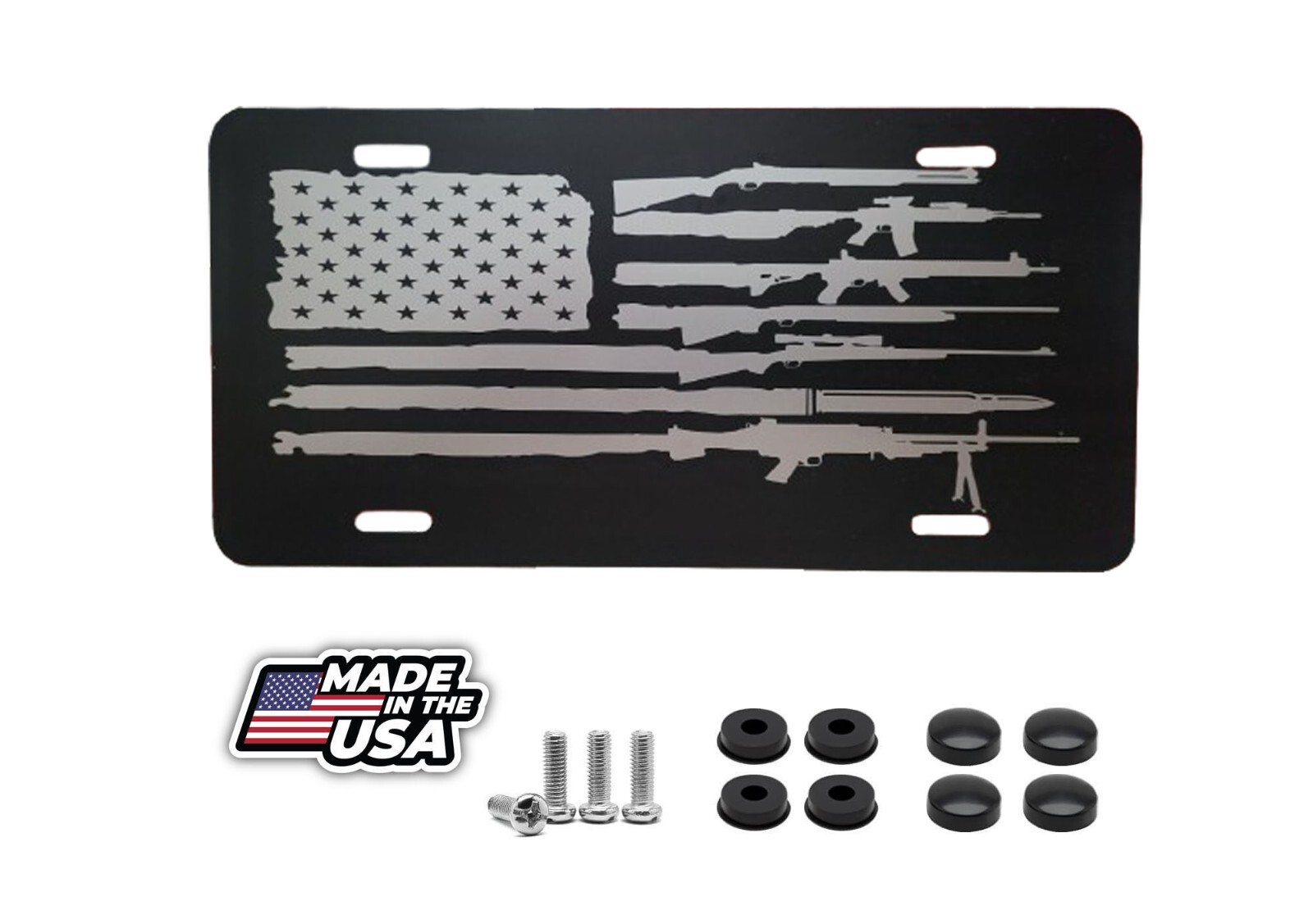 American Flag Guns License Plate Silver Flag Matte Black Aluminum plate ...