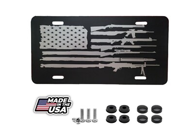 American Flag Guns License Plate Silver Flag Matte Black Aluminum plate ...