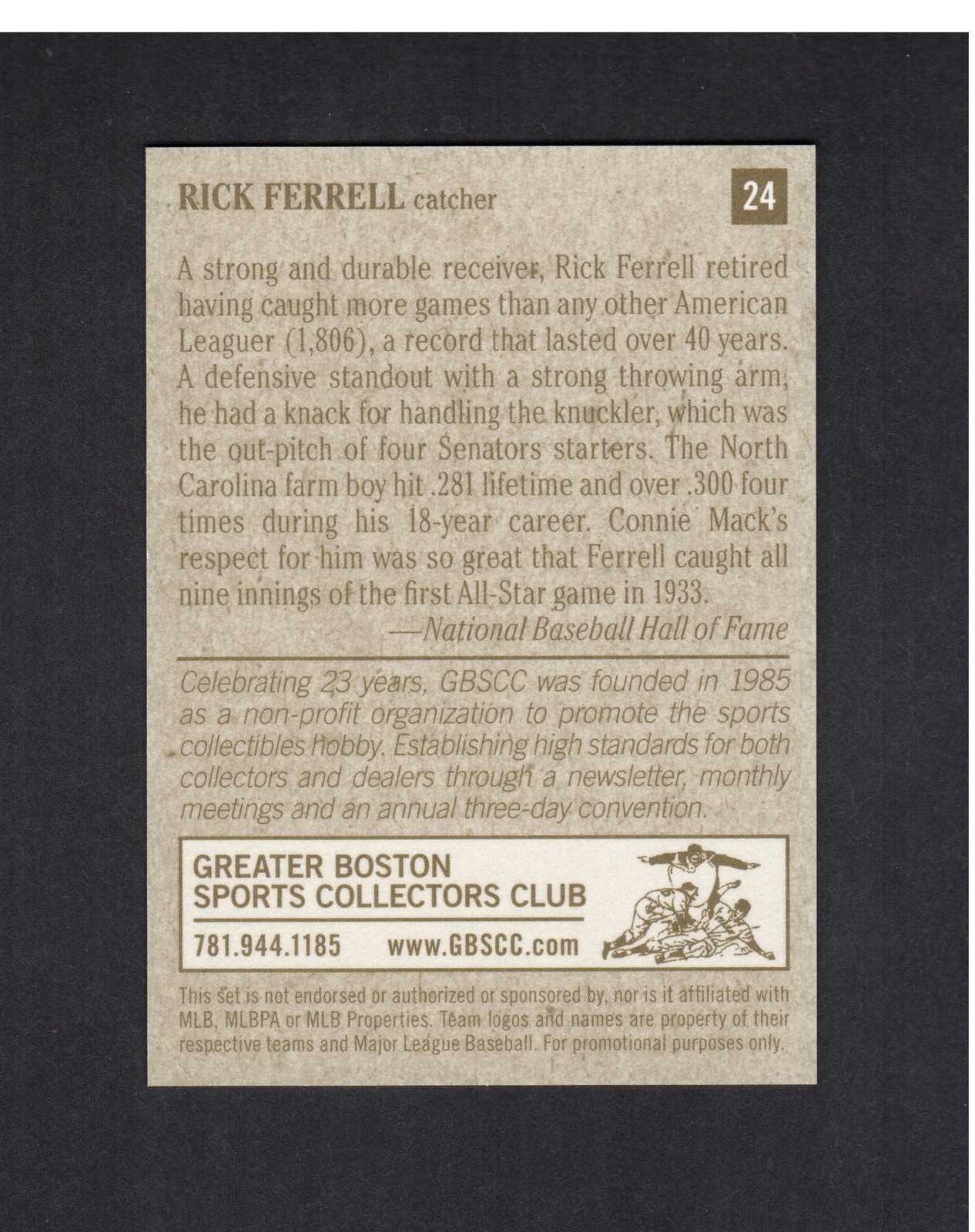 #24 RICK FERRELL, Boston Red Sox| 1959 Bazooka style 2008 GBSCC ...