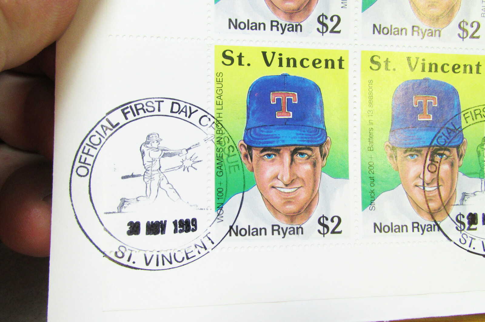 1989 Nolan Ryan First Day cover stamps St Vincent set of 9 on large ...