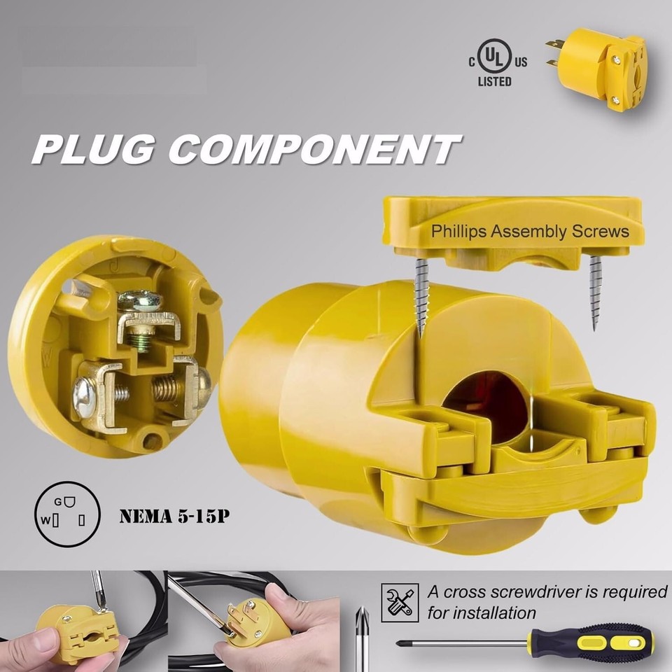 Male Female Extension Cord Replacement Electrical Plug 15AMP 125V ...