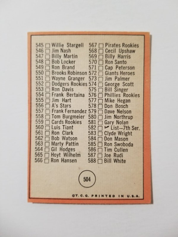 6TH SERIES CHECKLIST UNMARKED 1969 TOPPS BASEBALL CARD #504 BROOKS ...