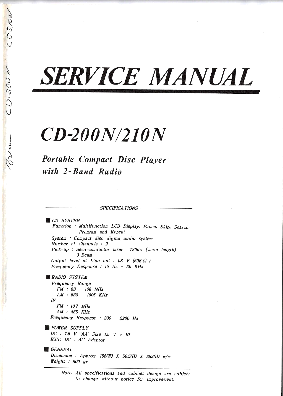 CROWN CD-200N / 210N PORTABLE COMPACT DISC PLAYER W/ RADIO ORIG SERVICE ...