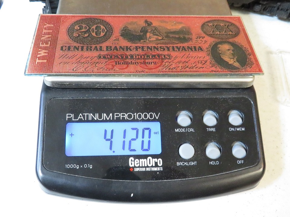 U.S. AMERICA'S FIRST BANK NOTES 4 OZ .999 SILVER $20 CENTRAL BANK ...