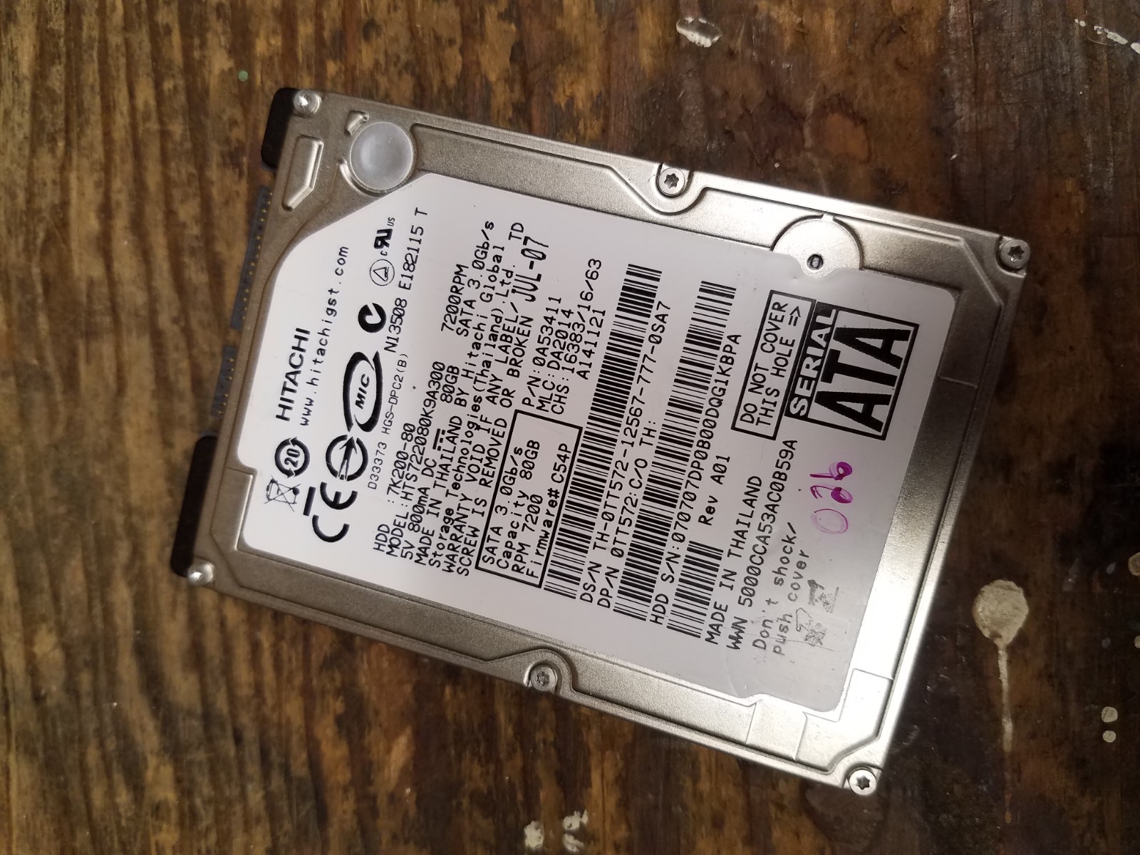Hitachi Laptop Hard Drive 2.5" HDD SATA HTS722080K9A300 0TT572 80GB ...