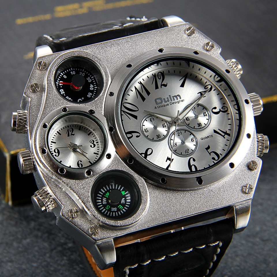 Men's Sport Army Multi-functional 2 Time Zones Dial Leather Quartz ...