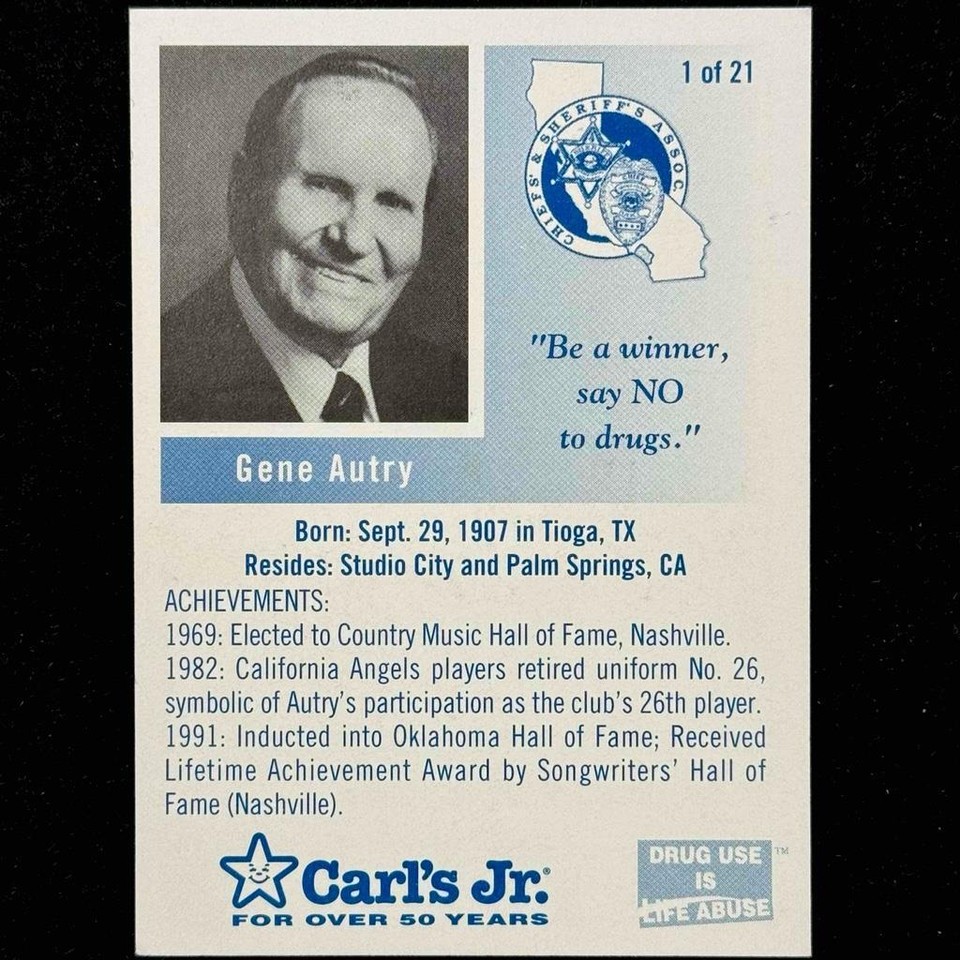 1993 Carl's Jr. California Angels #1 Gene Autry stadium-exclusive card ...