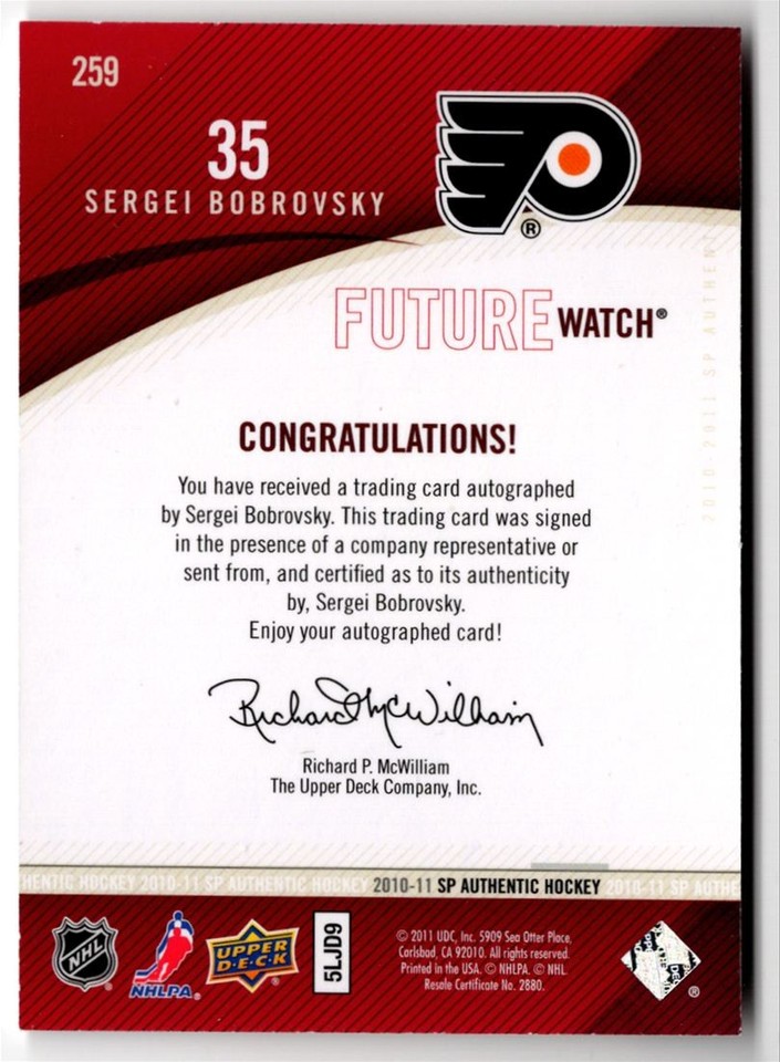 2010-11 SP Authentic Future Watch Auto Rookie Sergei Bobrovsky Rookie ...