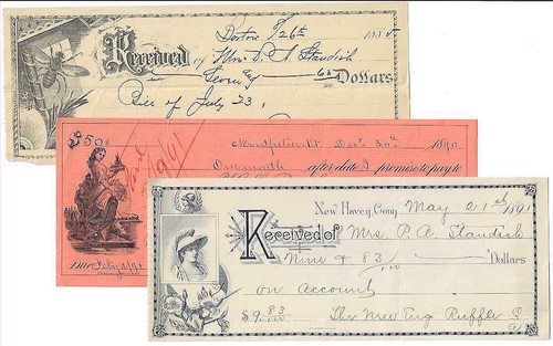 7 Illustrated Victorian Check/Receipt, Elk, American Indian, Women, Bee ...