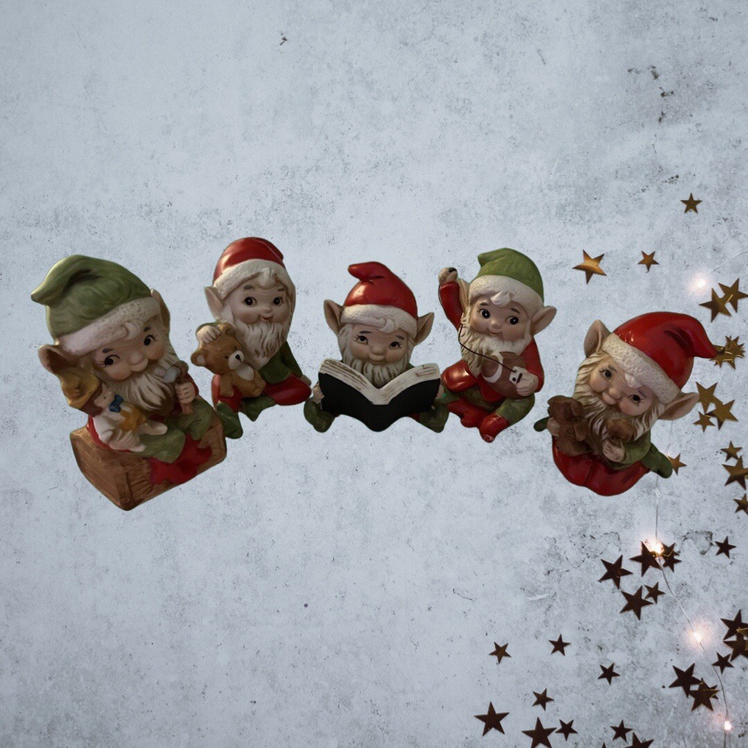 Vtg Porcelain Christmas elves Homco Taiwan 3,4 & 5" tall set of (5) Toy ...