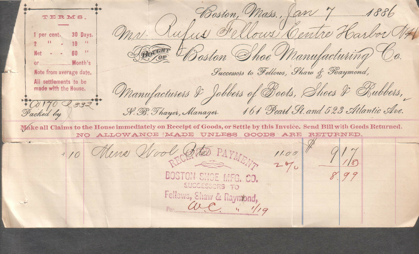 1886 receipt Boston Shoe Manufacturing Co /Rufus Fellows Centre Harbor ...