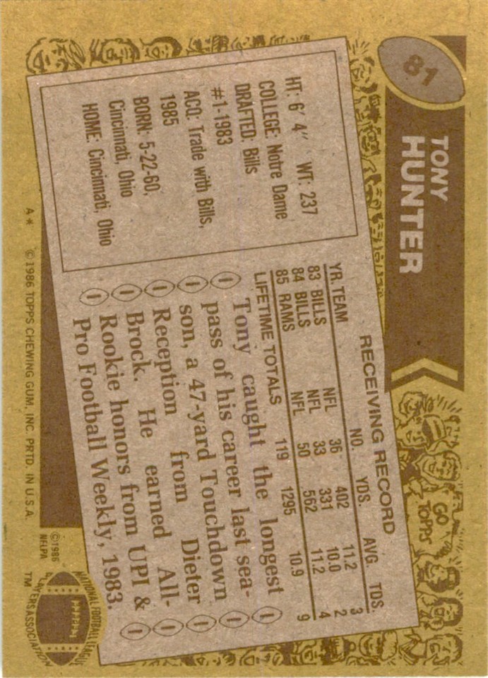 1986 TOPPS. TONY HUNTER LOS ANGELES RAMS #81 | eBay