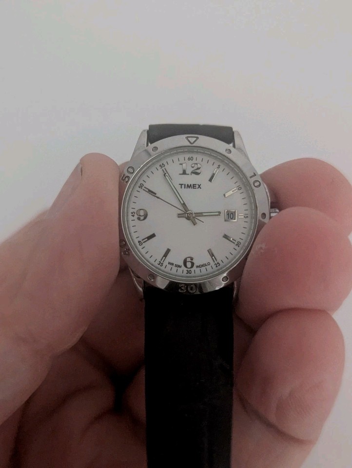 Timex Indiglo Watch WR50M Black Buckle Leather Band Silver Color With ...