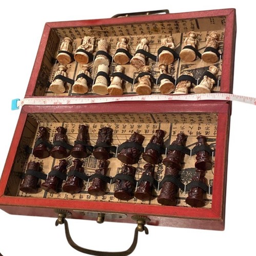 Vintage Chess Set Wooden Chest Box Complete Carved Resin Chinese Asian ...