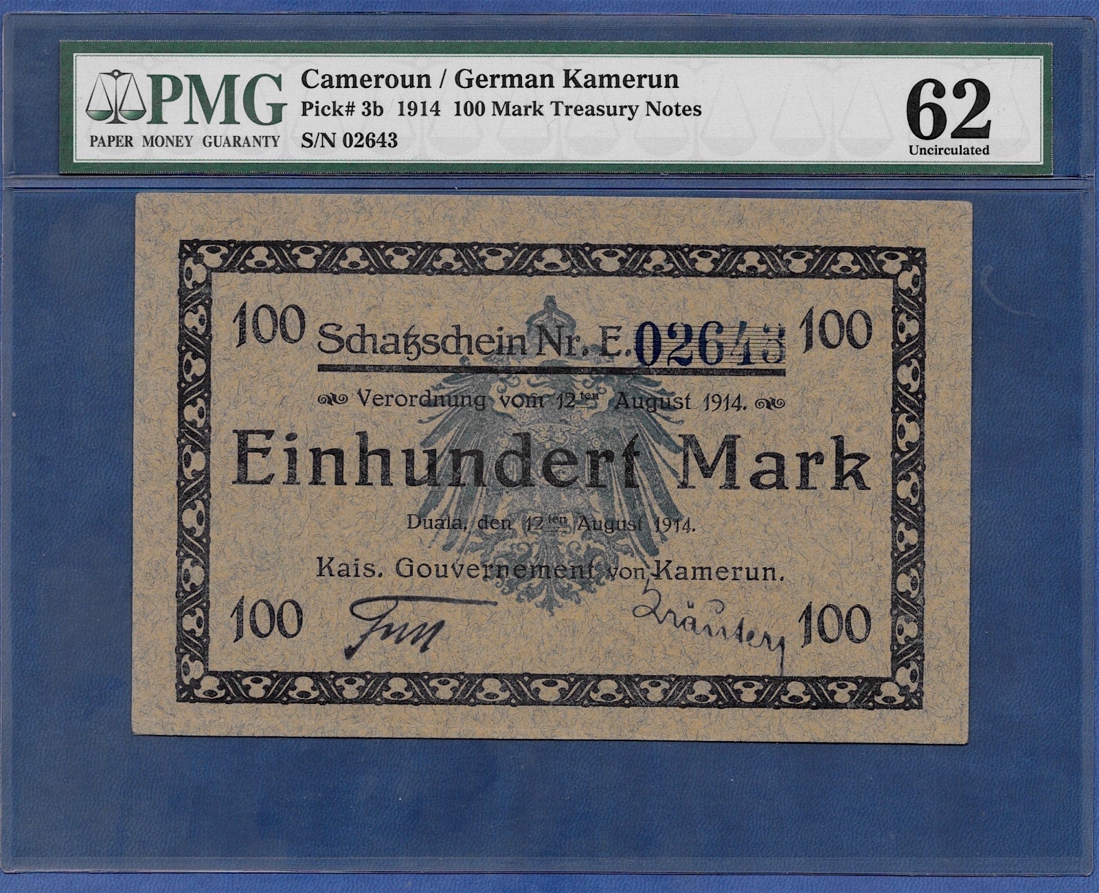CAMEROUN 1914 100 MARK PICK#3b ♚♚GERMAN KAMERUN♚♚ PMG UNC 62 | eBay