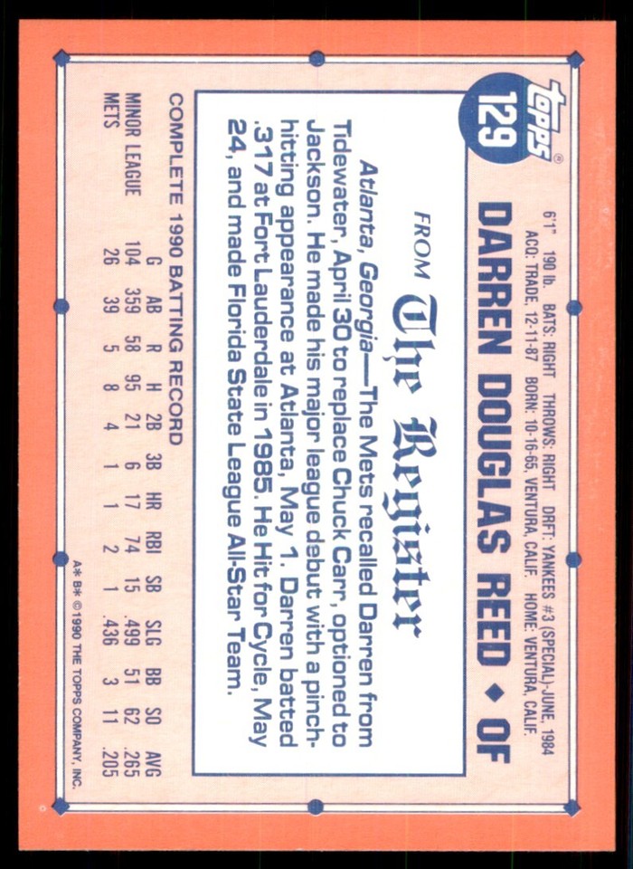 1990 Topps Major League Debut Darren Reed New York Mets #129 | eBay