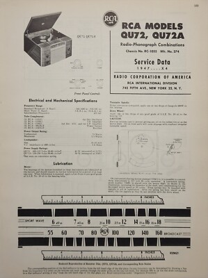 RCA VICTOR SERVICE MANUAL 1947 X4 RADIO PHONOGRAPH QU72 QU72A RC-1035 ...