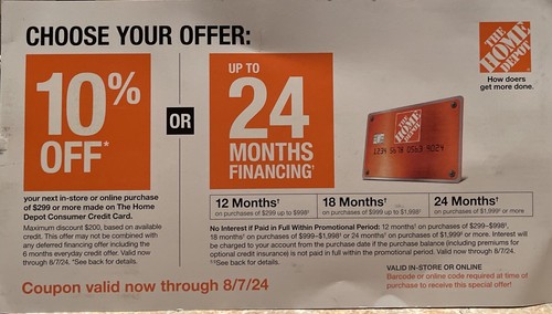 Home Depot Coupon 10% Off Online or In-Store OR 24 Months Financing Exp ...