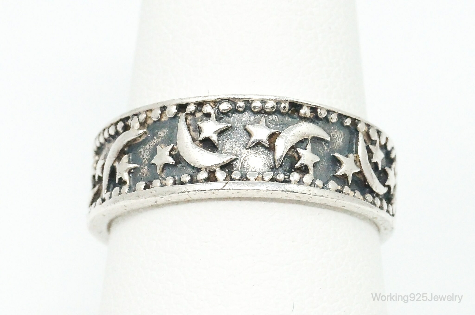Vintage Cosmic Stars & Moon Sterling Silver Band Ring… - Gem